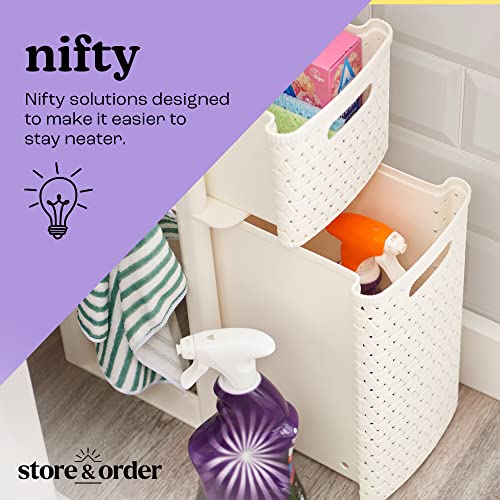 Store & Order Slimline 3 Drawer Tower - Slim & Narrow Plastic Drawers, Perfect Storage Unit for Bathroom, Hallway, Office, Wardrobe or Utility Room, White Rattan Design