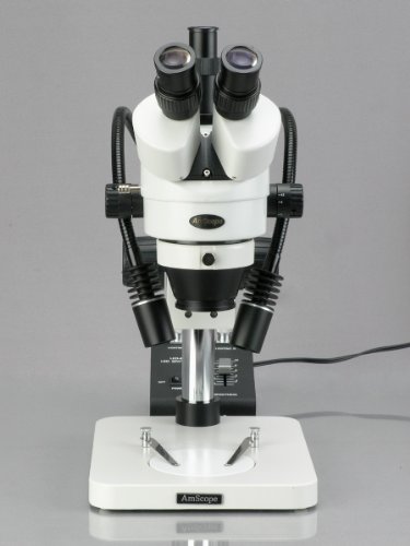 AmScope SM-1TSW2-L6W-5M Digital Professional Trinocular Stereo Zoom Microscope, WH10x and WH25x Eyepieces, 3.5X-225X Magnification, 0.7X-4.5X Zoom Objective, 6W Dual-Gooseneck LED Light, Pillar Stand, 85V-265V, Includes 0.5X and 2.0X Barlow Lenses, Includ