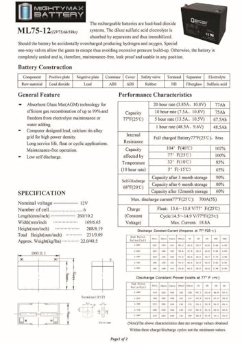 Mighty Max Battery ML75-12 - 12 Volt 75 AH, Nut and Bolt (NB) Terminal, Rechargeable SLA AGM Battery
