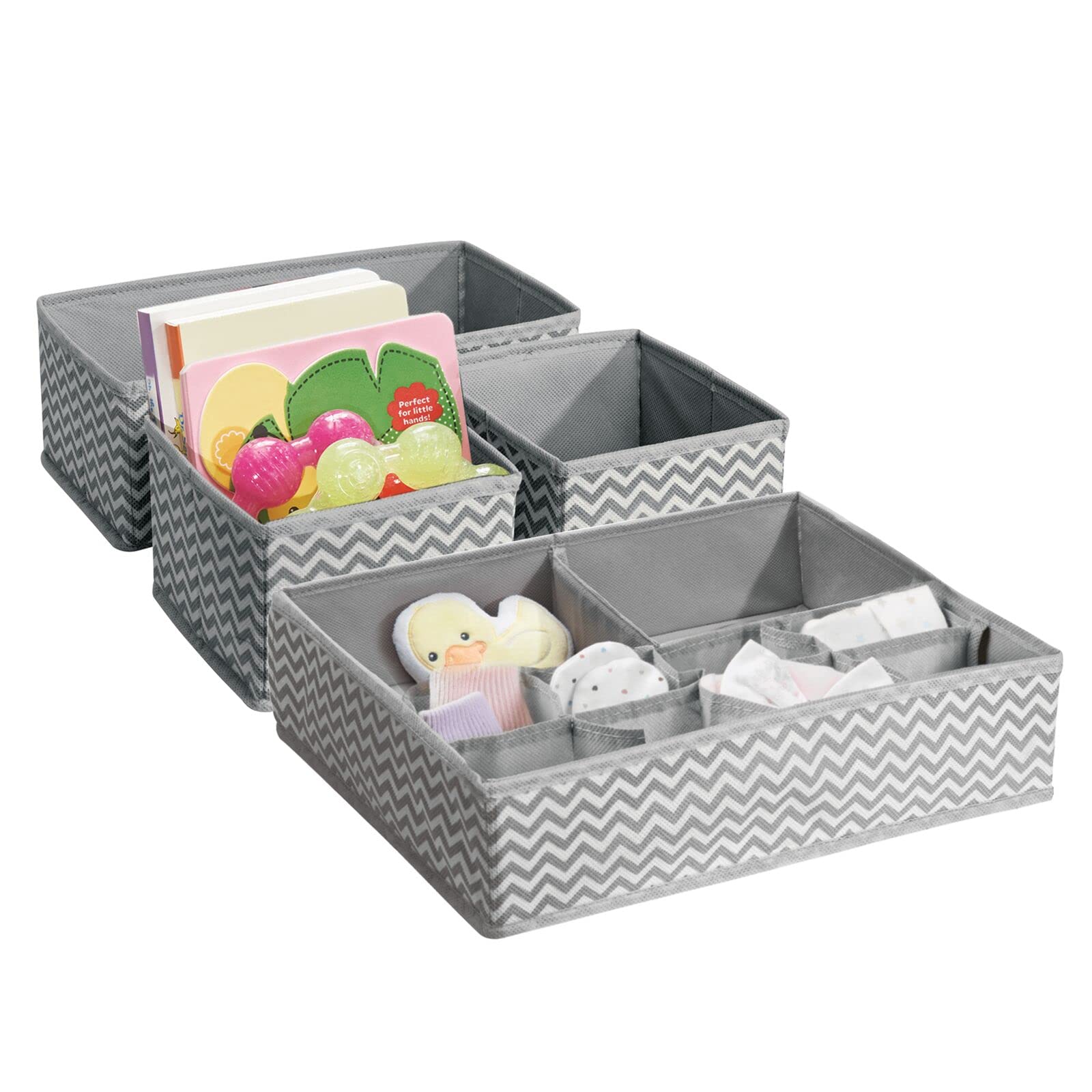 mDesign Fabric 4-Piece Drawer Organizer Bins, Kids/Baby Nursery Dresser, Closet, Shelf, Playroom Organization, Hold Clothes, Toys, Diapers, Bibs, Blankets, Gray/Cream Chevron