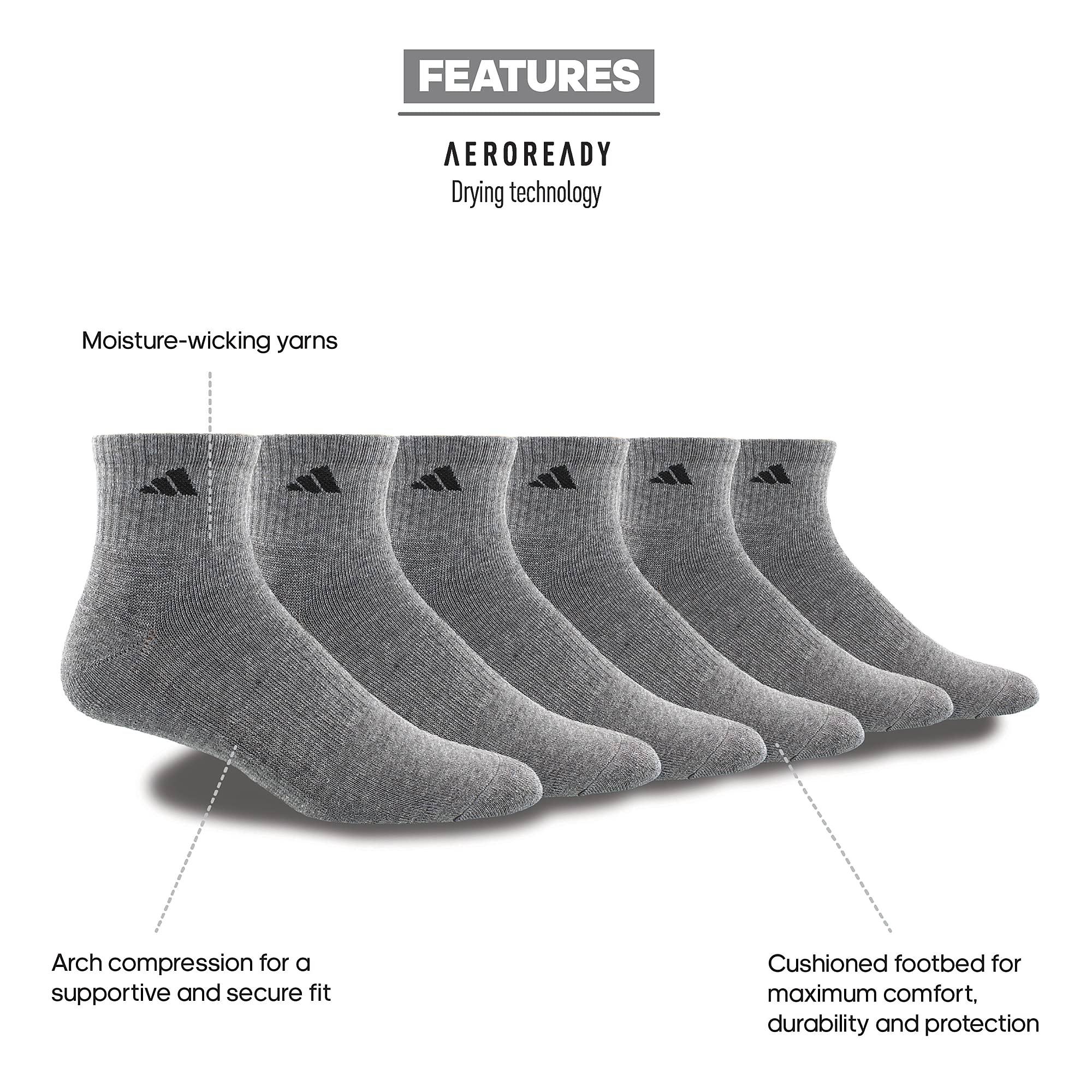 adidas Men's Athletic Cushioned Quarter Socks (with Arch Compression for a Secure fit (6-Pair), Heather Grey/Black, Large