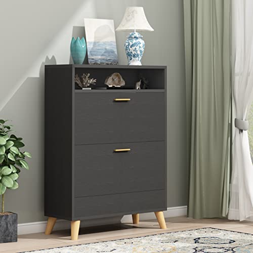 Gyfimoie Shoe Storage Cabinets, Free Standing Shoe Organizer with 2 Flip Drawers for Entryway, Narrow 3 Tier Entryway Hidden Shoe Rack with Doors (Black)