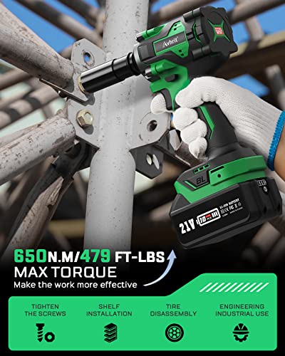 Avhrit Impact Wrench with a Battery, 650Nm/479ft-lbs Impact Wrench 1/2, Cordless Compact Impact Wrench, Brushless Impact Driver Kit for Car Tires Home