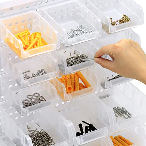 RIVTUN Transparent Garage Organizer Bins, 30PCS Wall Mounted Storage Small Parts Bins With White Pegboard to Store Nuts,Bolts, Screws, Nails