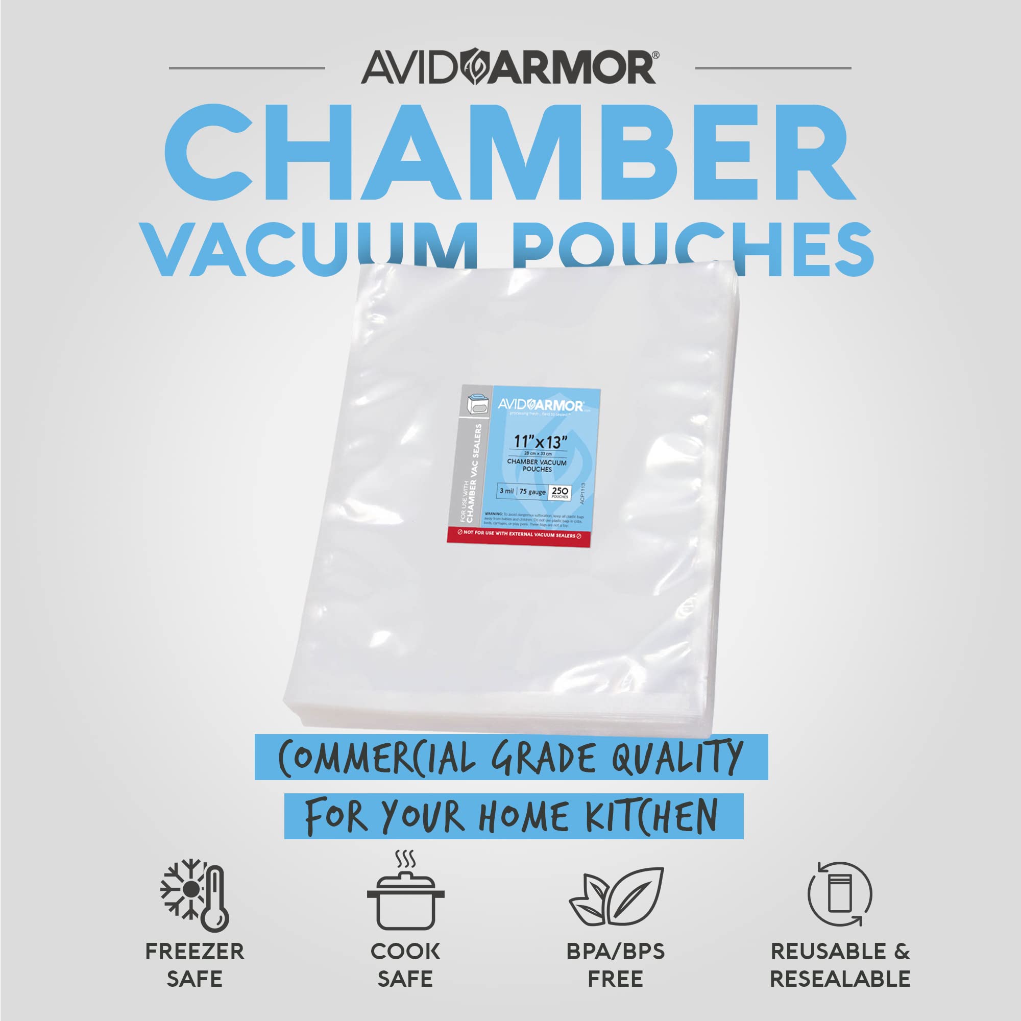 Avid Armor β Chamber Machine Pouches, Pre-Cut Chamber Vacuum Sealer Bags, Heavy Duty Seal Pouch, BPA-Free Chamber Sealer, Vacuum Chamber Pouches (250, 11x13)