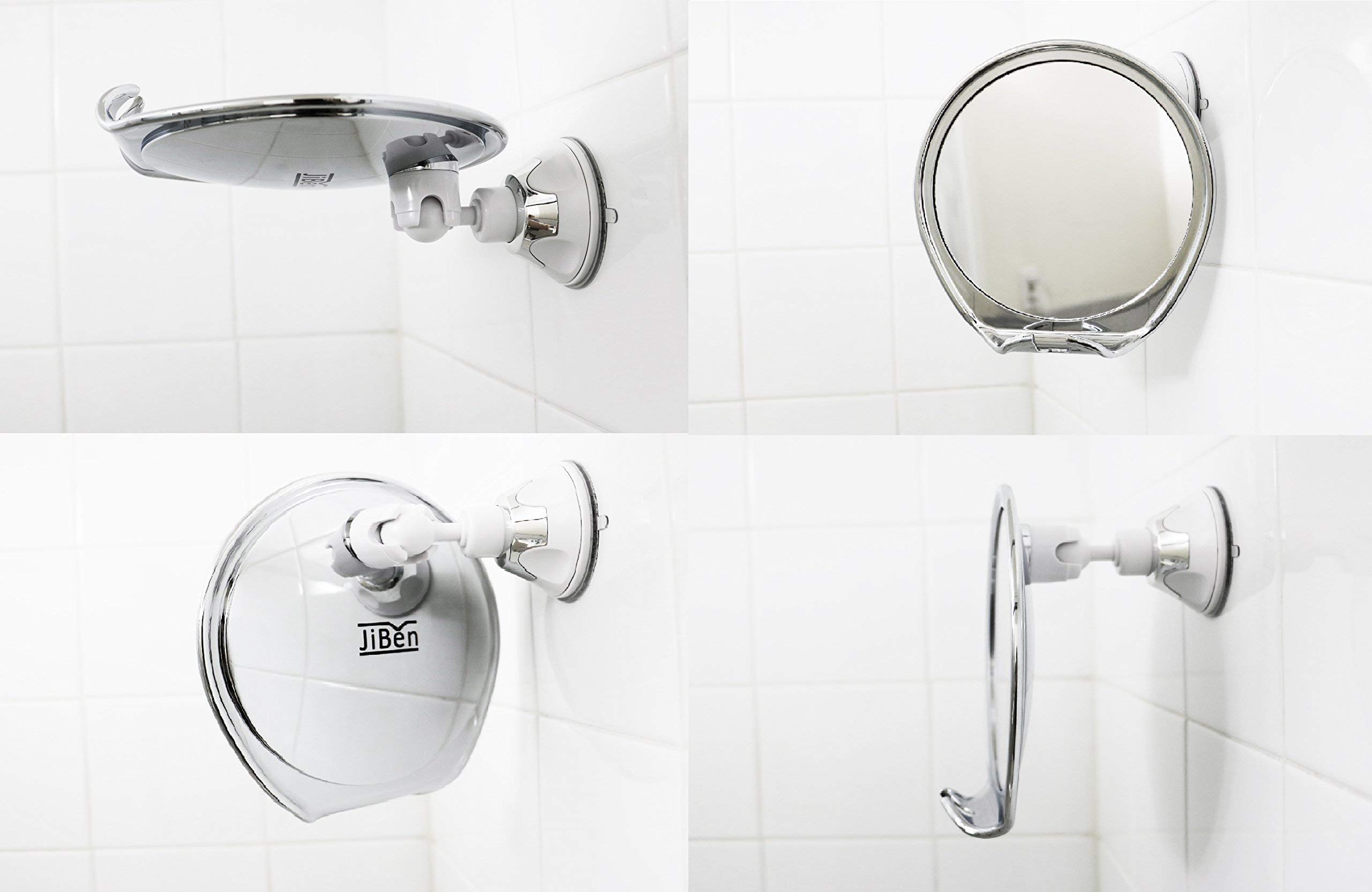 JiBen Fogless Shower Mirror with Power Locking Suction Cup, Built-in Razor Hook and 360 Degree Rotating Adjustable Arm, Personal Fog Free Bathroom Shaving Mirror (Chrome)