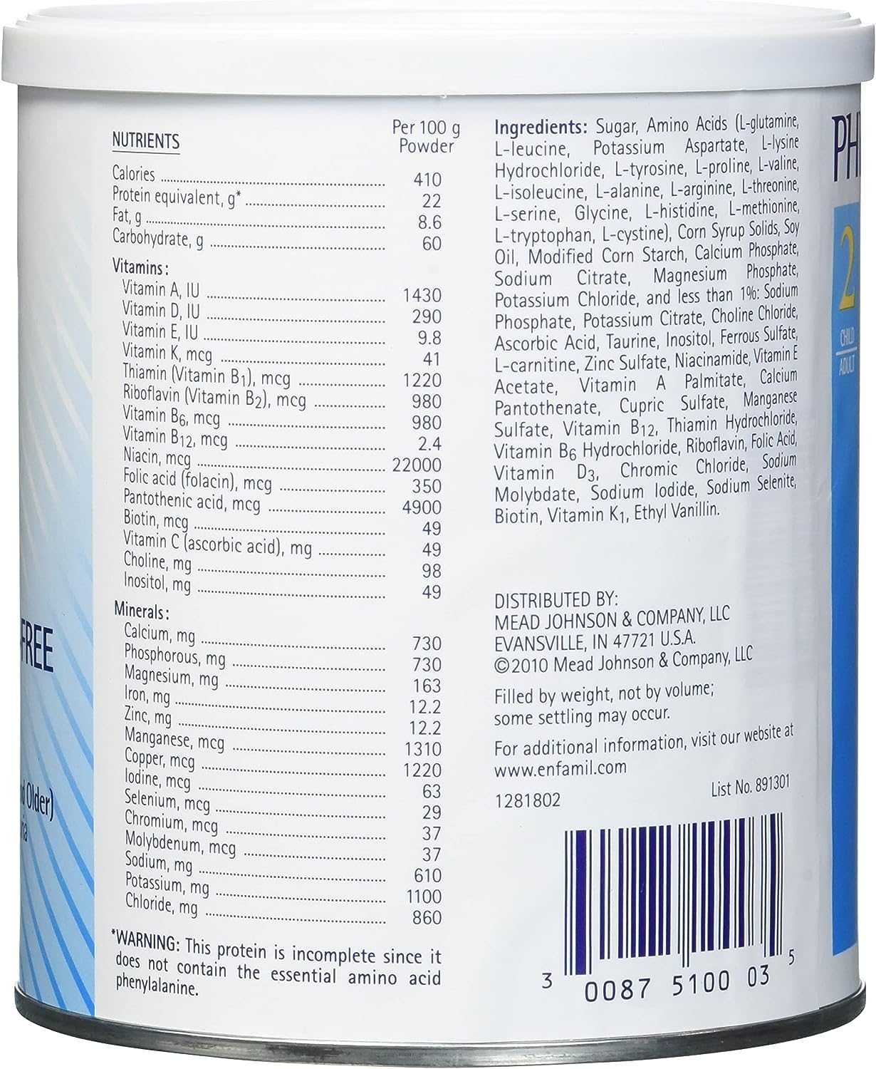 Phenyl-Free 2 Powder (6) Size: 1 LB by BRISTOL MYERS NUTRITIONAL INST