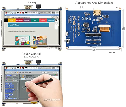 Waveshare 5 Inch HDMI LCD 800X480 High Resolution for Raspberry Pi 2 Model B/Raspberry Pi Model B/B/A/Raspberry Pi 3 Model B/3 B+
