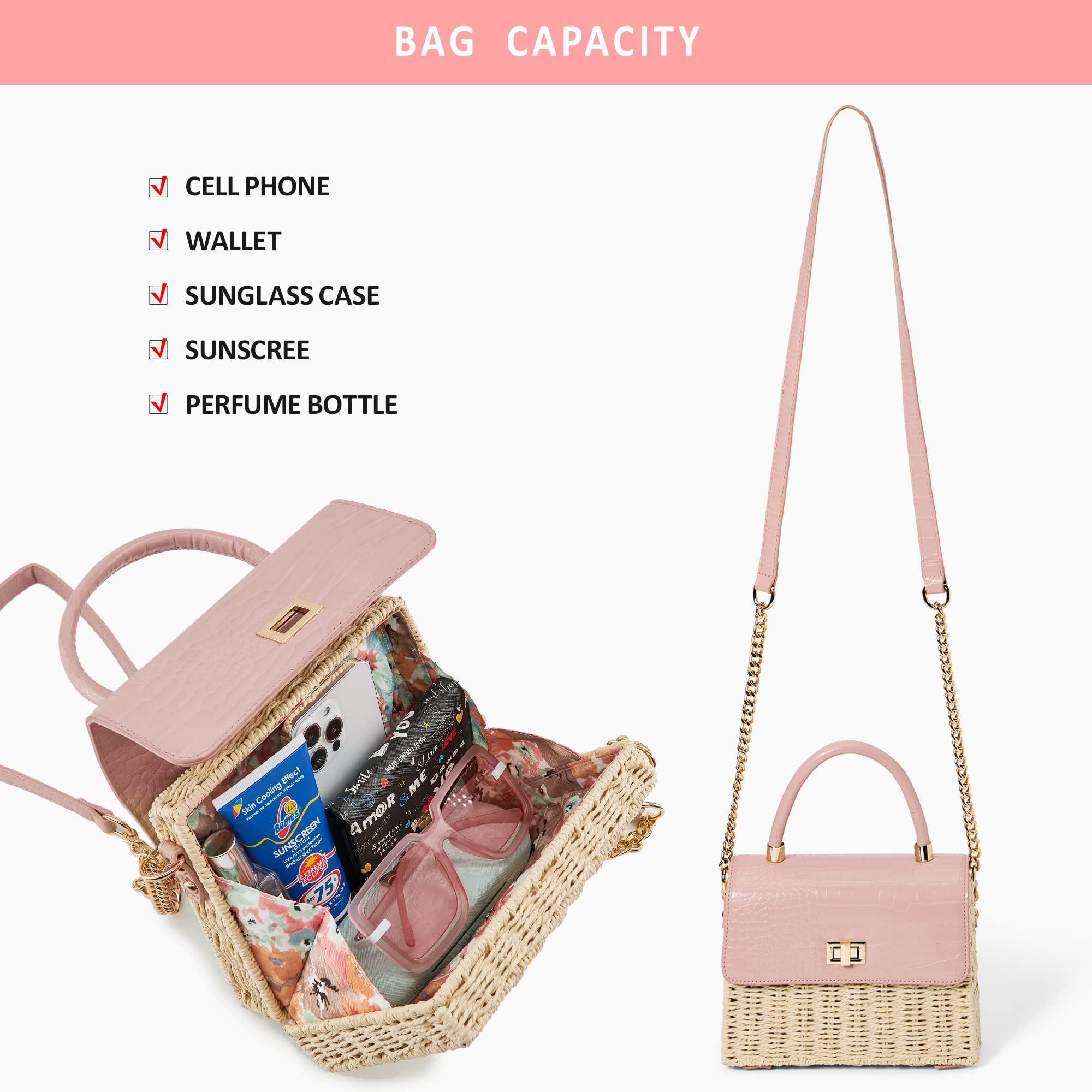 Like Dreams Women Hand-woven Straw Crossbody Faux Croc Vegan Leather Upper Floral Inner Summer Crossbody (Blush)
