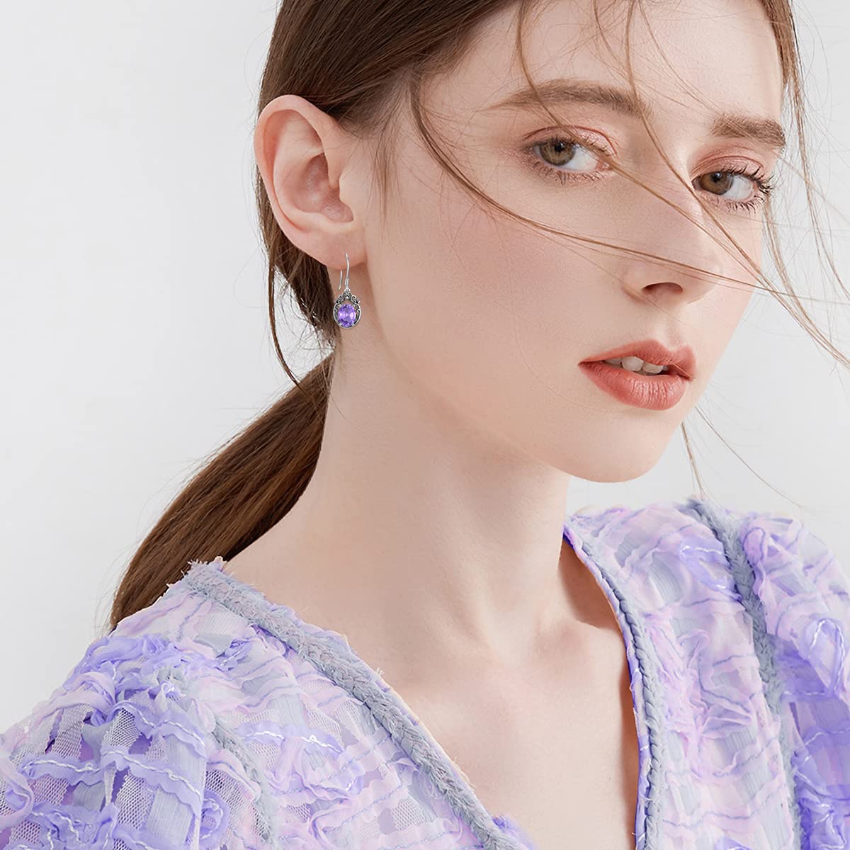 Althum 7x9mm Amethyst Earrings 925 Sterling Silver Genuine Natural Oval Cut Purple Amethyst Drop Dangle Earrings for Mother Women