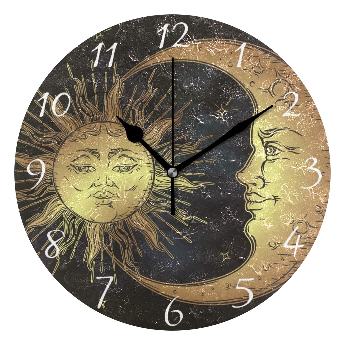 AHOMY Round Wall Clock Boho Sun and Moon Stars Home Art Decor Non-Ticking Numeral Clock for Home Office
