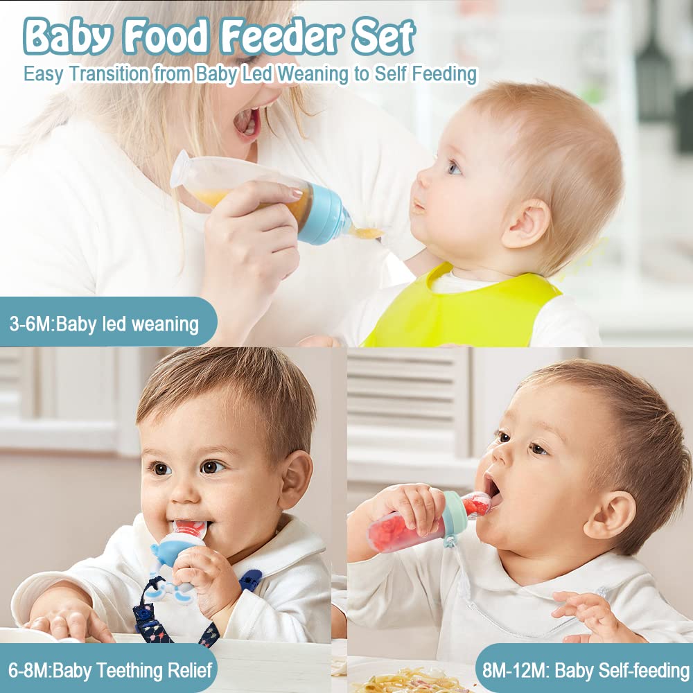 Baby Food Feeder - 2 Baby Fruit Pacifiers & 1 Soft Silicone Squeeze Spoon Bottle for Baby First to Second Feeding - Infant Food Dispensing and Feeding