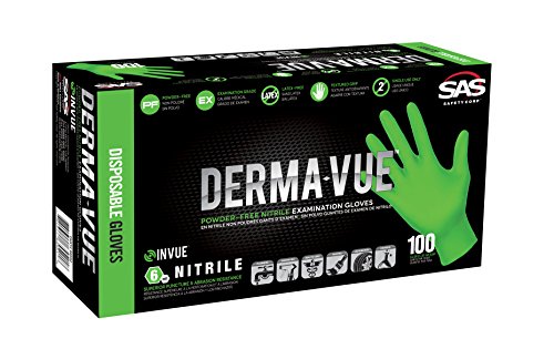 SAS Safety 66551 Derma-VUE Powder-Free Exam Grade 6 Mil Nitrile Gloves, Medium, Neon Green