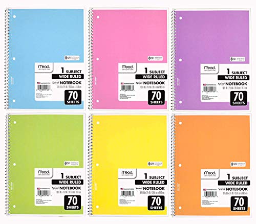Mead Spiral Notebook, 4 Pack of 1-Subject Wide Ruled 70 Sheet Spiral Bound Notebooks, Pastel Colors, COLOR WILL VARY