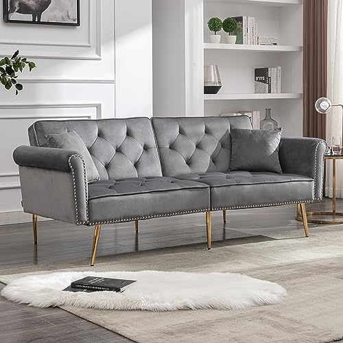 civama Futon Sofa Bed, Velvet 76" Twin Size Couch with 2 Pillows, Convertible 3-Seater 3 Adjustable Angle Tufted Sleeper with Nailhead Trim, Golden Metal Legs Folding Futon for Living Space, Gray