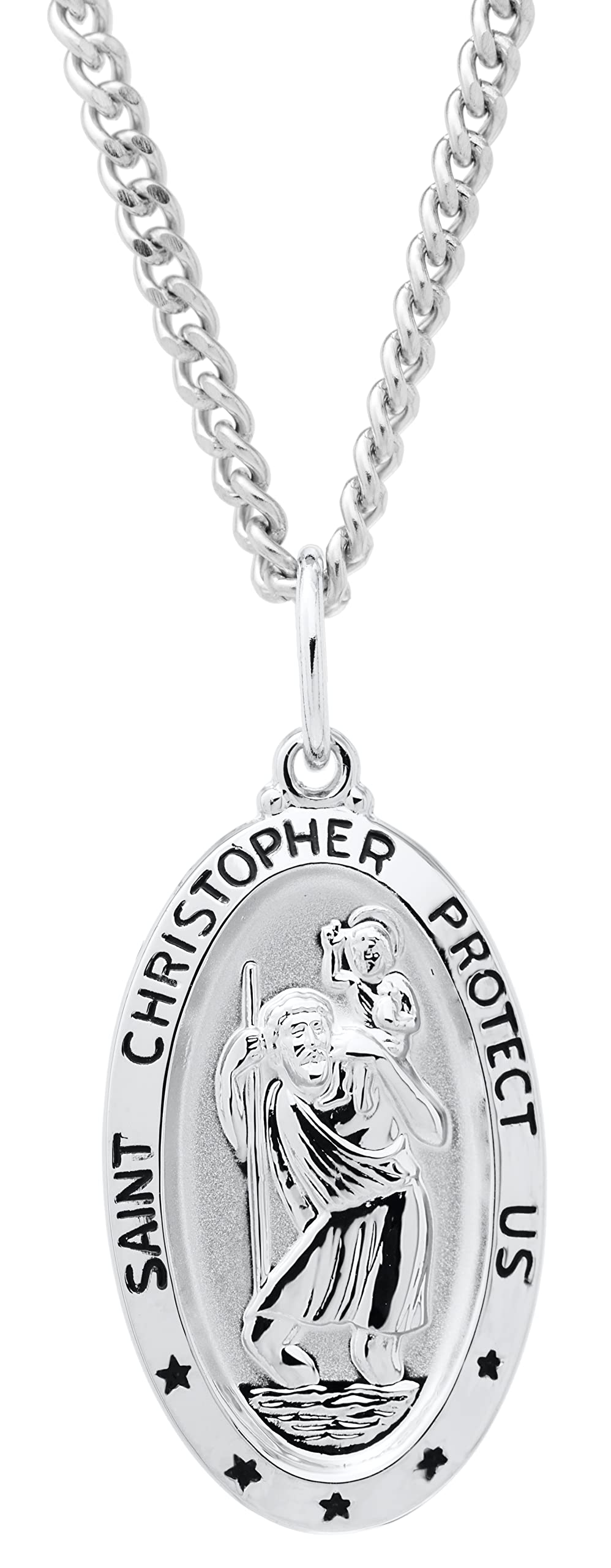 Amazon Collection Sterling Silver Oval Saint Christopher Medal Necklace with Rhodium Plated Stainless Steel Chain, 20"