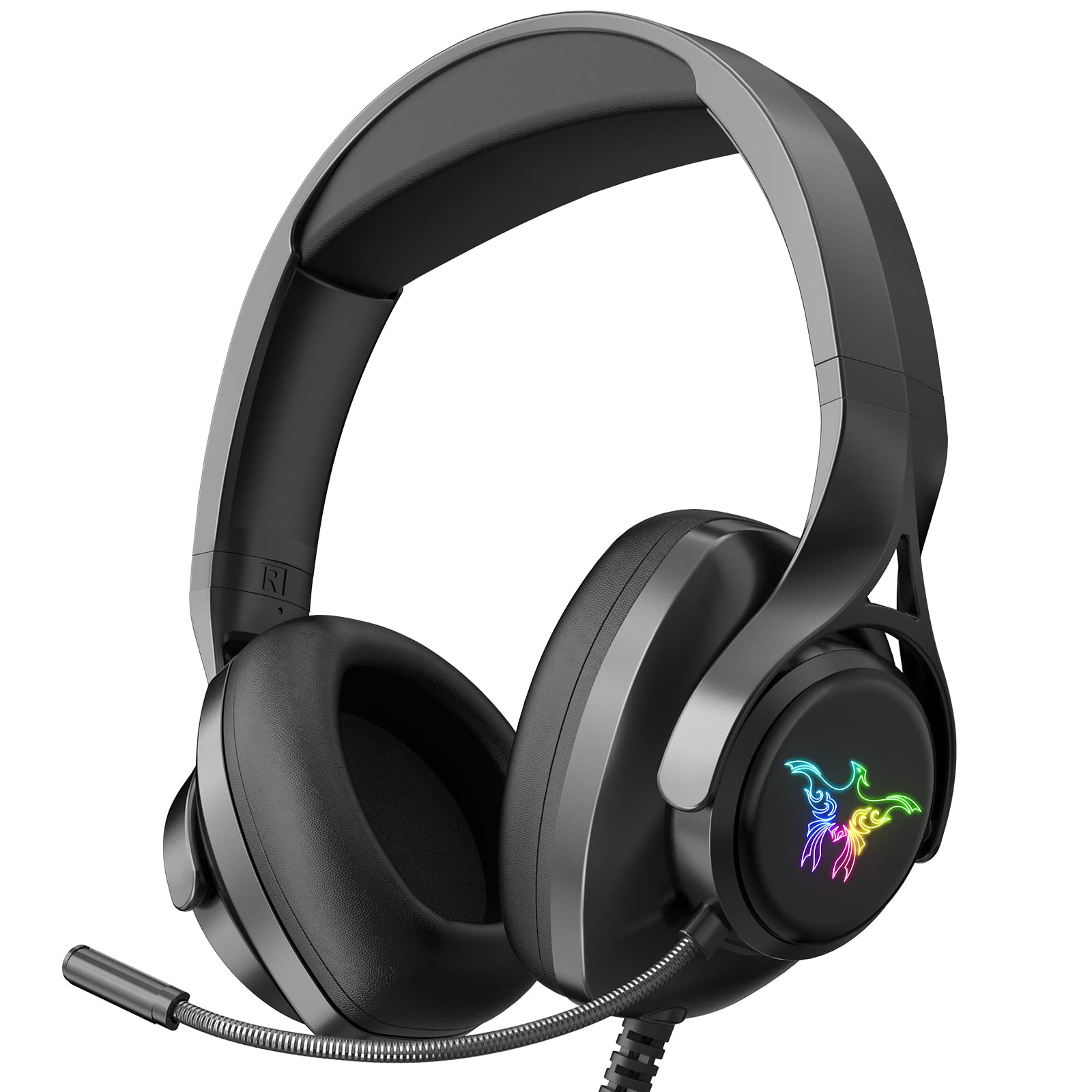 Gaming Headset with Microphone for Playstation 5, Double Head Beam Suspended Soft Soft Memory Earmuffs, 7.1 Surround Sound Wired Headset LED Light for PS5, PC, PS4, iMac, Laptop