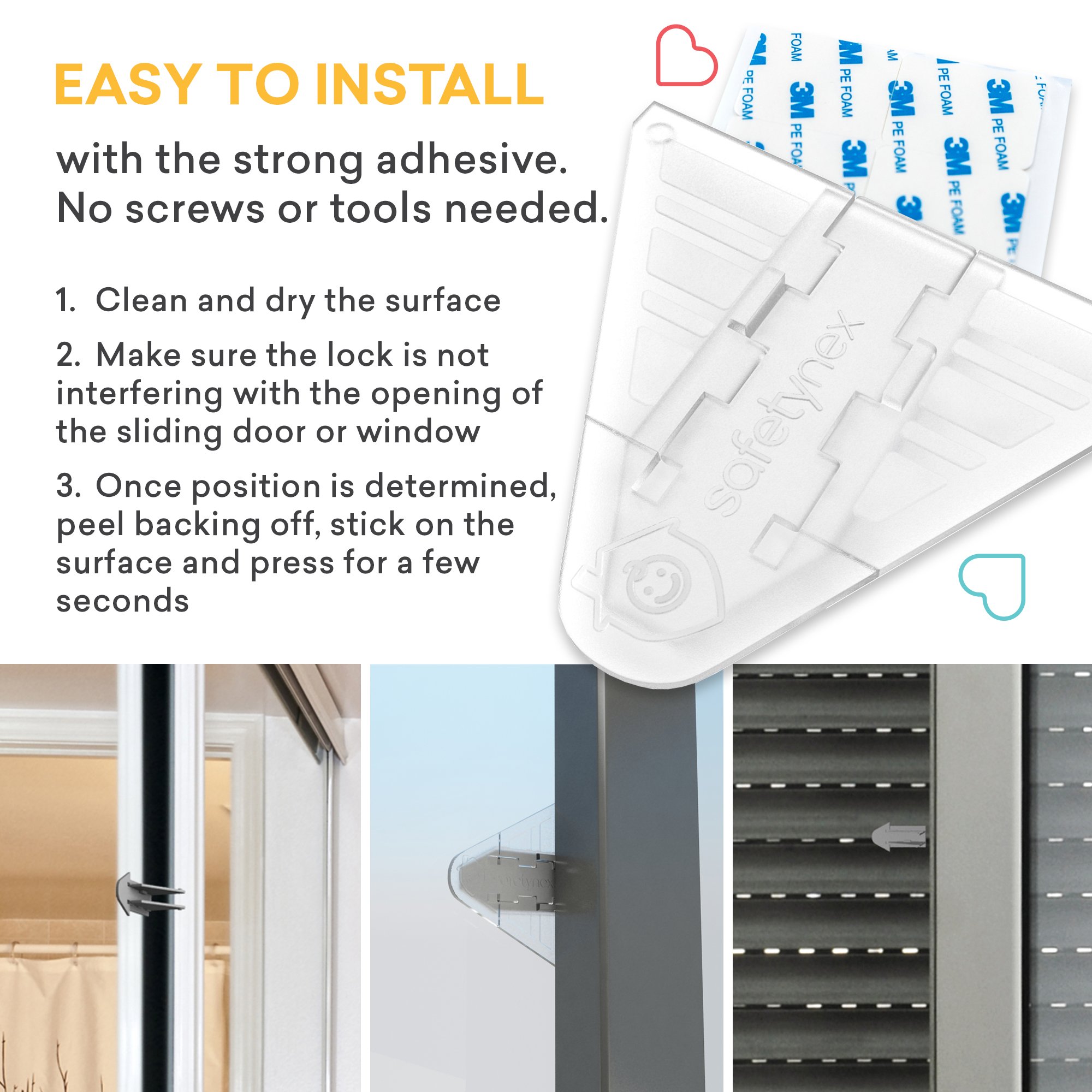 Sliding Closet Door Lock - No Drill Easy Install, 4 Pack, Clear