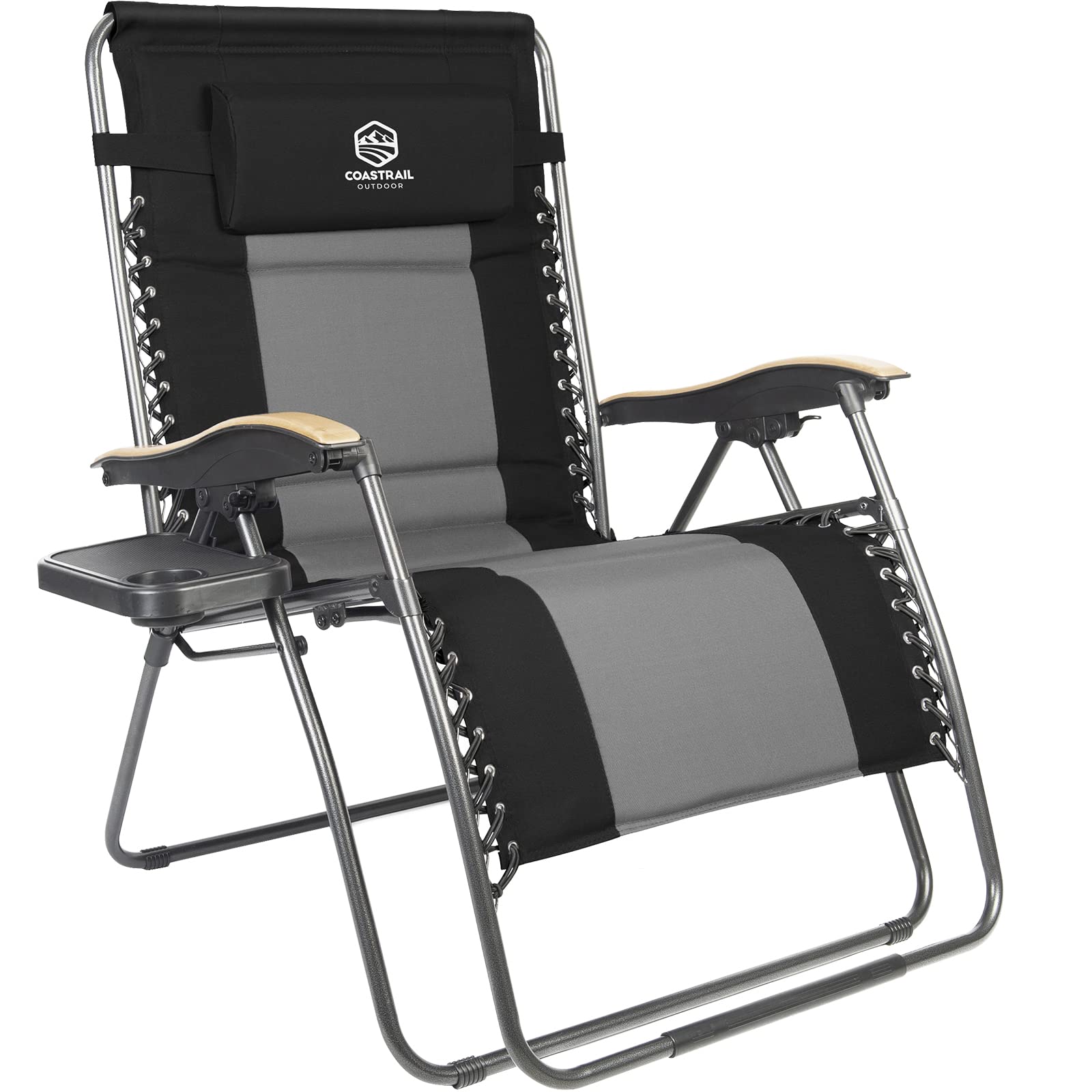Coastrail Outdoor Zero Gravity Chair Oversized XXL 33.5" Patio Padded Reclining Lounger with Pillow, Side Table for Camping, Lawn, Garden Black/1pack