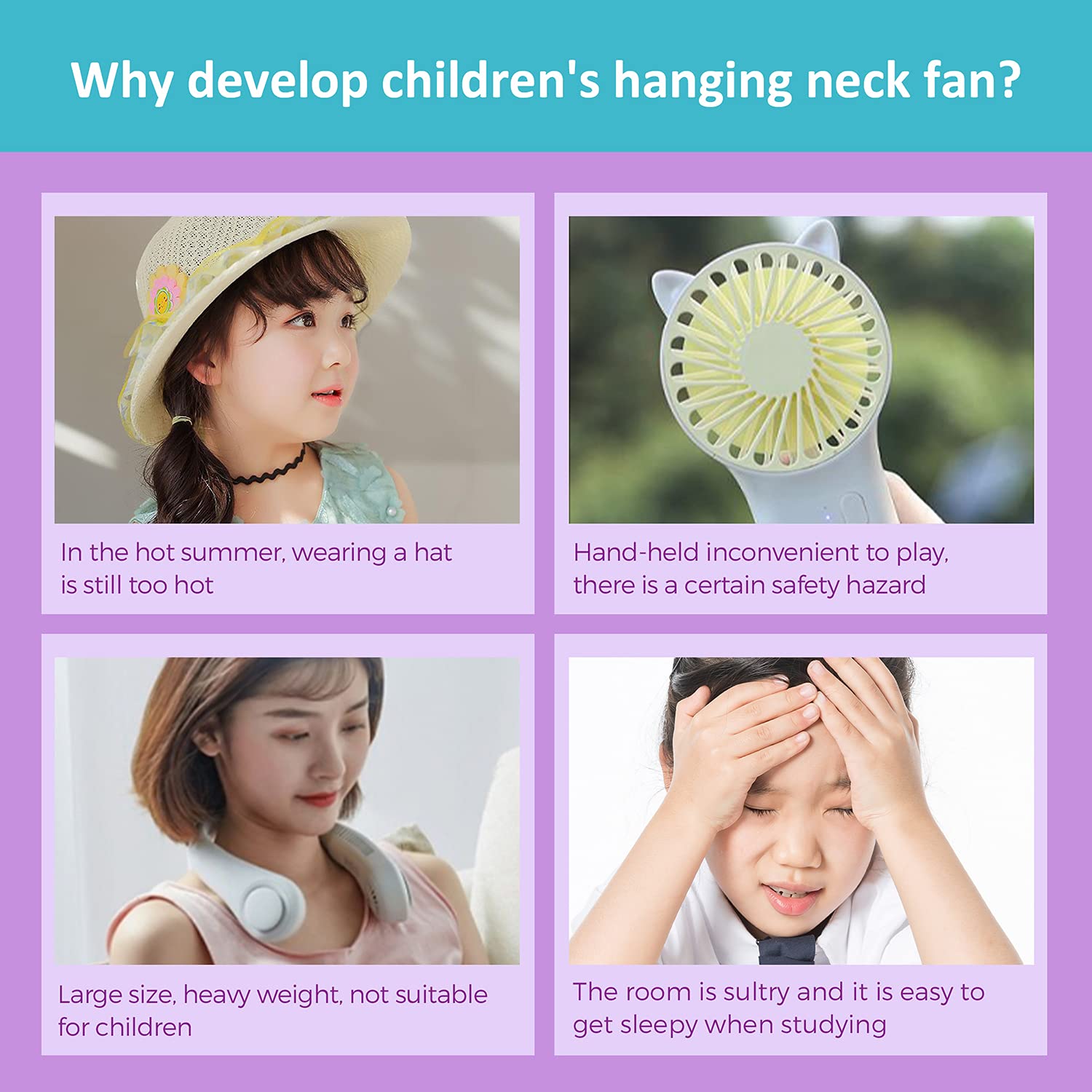 ICEBIRDS Portable Neck Fan for Kids 2021 New Bladeless Fan, USB Rechargeable Battery Operated Hanging Personal Mini Fan,Cartoon Headphone Design, Wearable Creative Leafless Fan,3 Speeds-Dinosaur Cyan