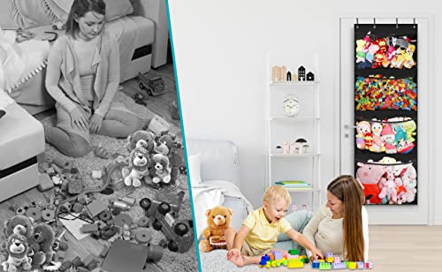 Melpler Stuffed Animal Storage - Stuffed Animal Holder, Hanging Stuffed Animal Organizer for Nursery, Over the Door Organizer for Stuffies, Toy Plush Storage with 4 Hooks 3 Support Rods(Black)
