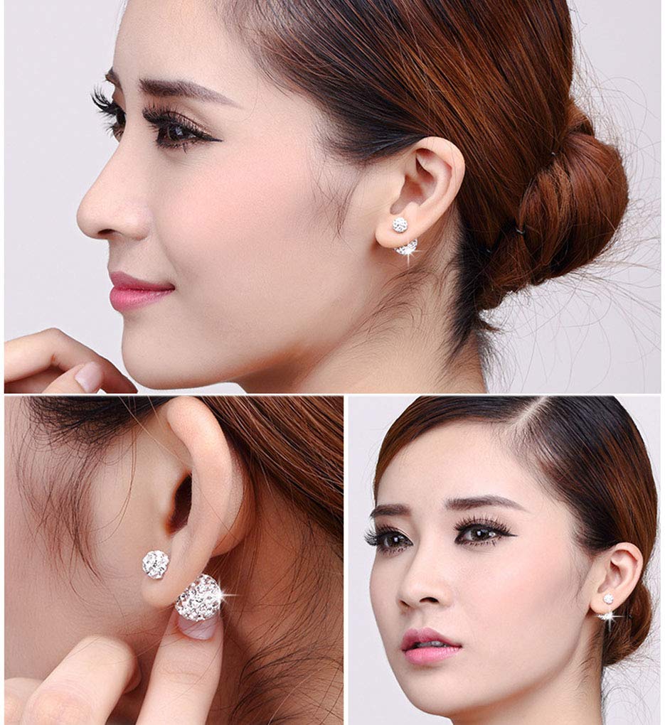 DIB 925 Sterling Silver Sparkle Bling Crystal Rhinestone Earrings Double Sided Front Back Ball Stud Earrings for Women 10mm