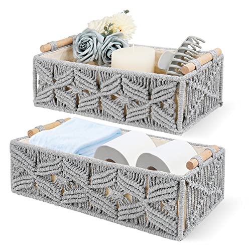 Macrame Storage Basket Boho Decor Bathroom Baskets for Organizing, Toilet Tank Basket for Bathroom Woven Decor Basket with Handle Bedroom Nursery Living Room Entryway (Grey)
