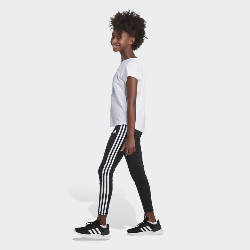 adidas Girls' Big Short Sleeve Cotton Scoop Neck Tee T-Shirt, White with Blue, Large (14)