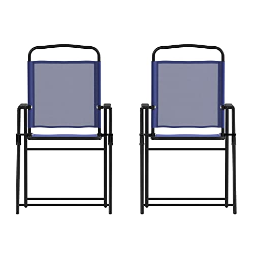 Flash Furniture Mystic Folding Patio Sling Chairs, Outdoor Textilene Lawn Chairs with Armrests, Set of 2, Navy