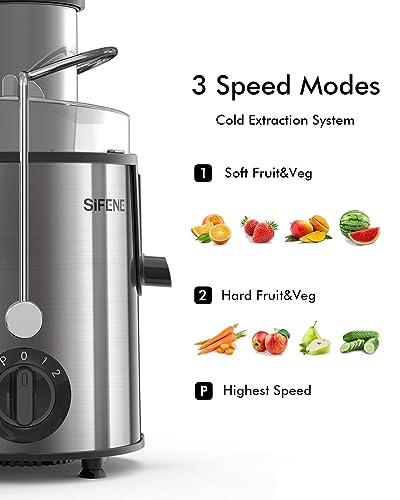 Juicer Machine, SiFENE 500W Centrifugal Juicer Extractor with 3" Wide Feed Chute for Vegetable and Fruit, Juice Maker with 3-Speed Setting, Easy to Clean, BPA Free, Stainless Steel