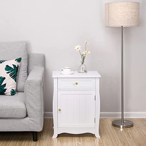 SONGMICS White Night Stand, Bathroom Floor Cabinet, End Table with Drawer, Wooden Bedside Table, Multifunctional Storage Organizer with Large Capacity, Easy to Assemble ULET02WT