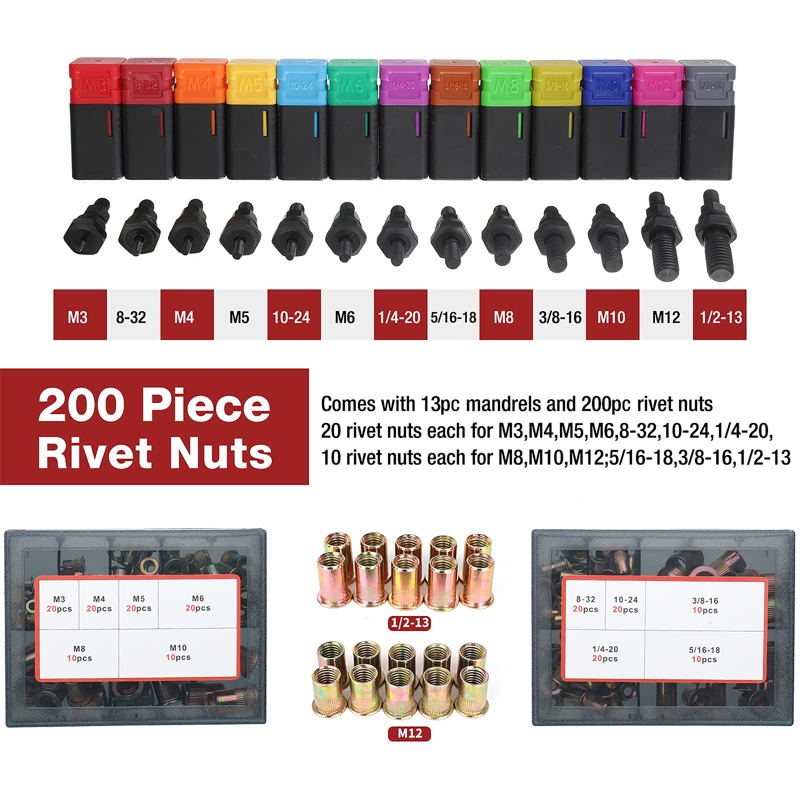 AIUITIO 16”Hand Rivet Nut Tool, Professional Rivet Nut Setter Kit with 15Pc Metric & Inch Mandrels,150Pc Rivet Nuts and Carrying Case for Entry Level and Professional Use
