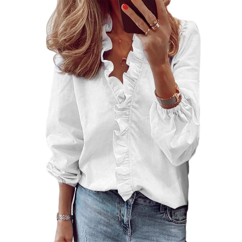 Andongnywell Casual Solid Color Ruffle Collar Long Sleeve Ruffle Shirt Blouse V Neck Short Sleeve Shirt Top White