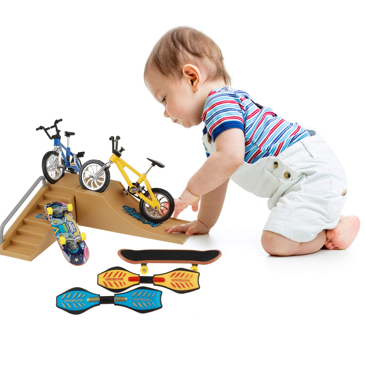 ideallife Skate Park Kit, Mini Finger Toys Set Finger Skateboards Finger Bikes Tiny Swing Board with Replacement Wheels and Tools (18 Pcs)