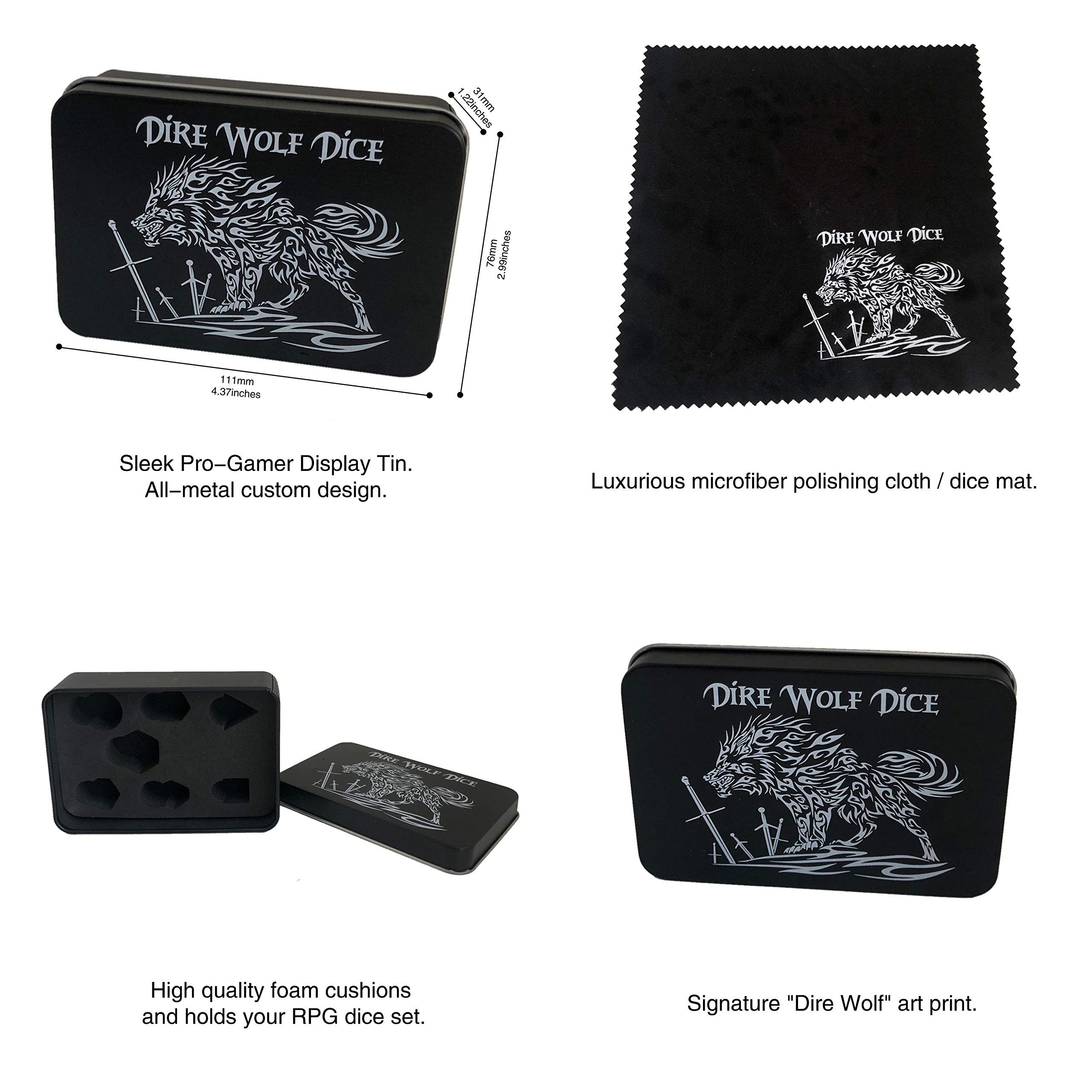 Dice Tin and Polishing Cloth / Dice Mat for Metal Polyhedral DND Dice Set (Dire Wolf), Gift Case for Role Playing RPG Like Dungeons and Dragons D&D, Pathfinder, Magic The Gathering MTG Games Sets