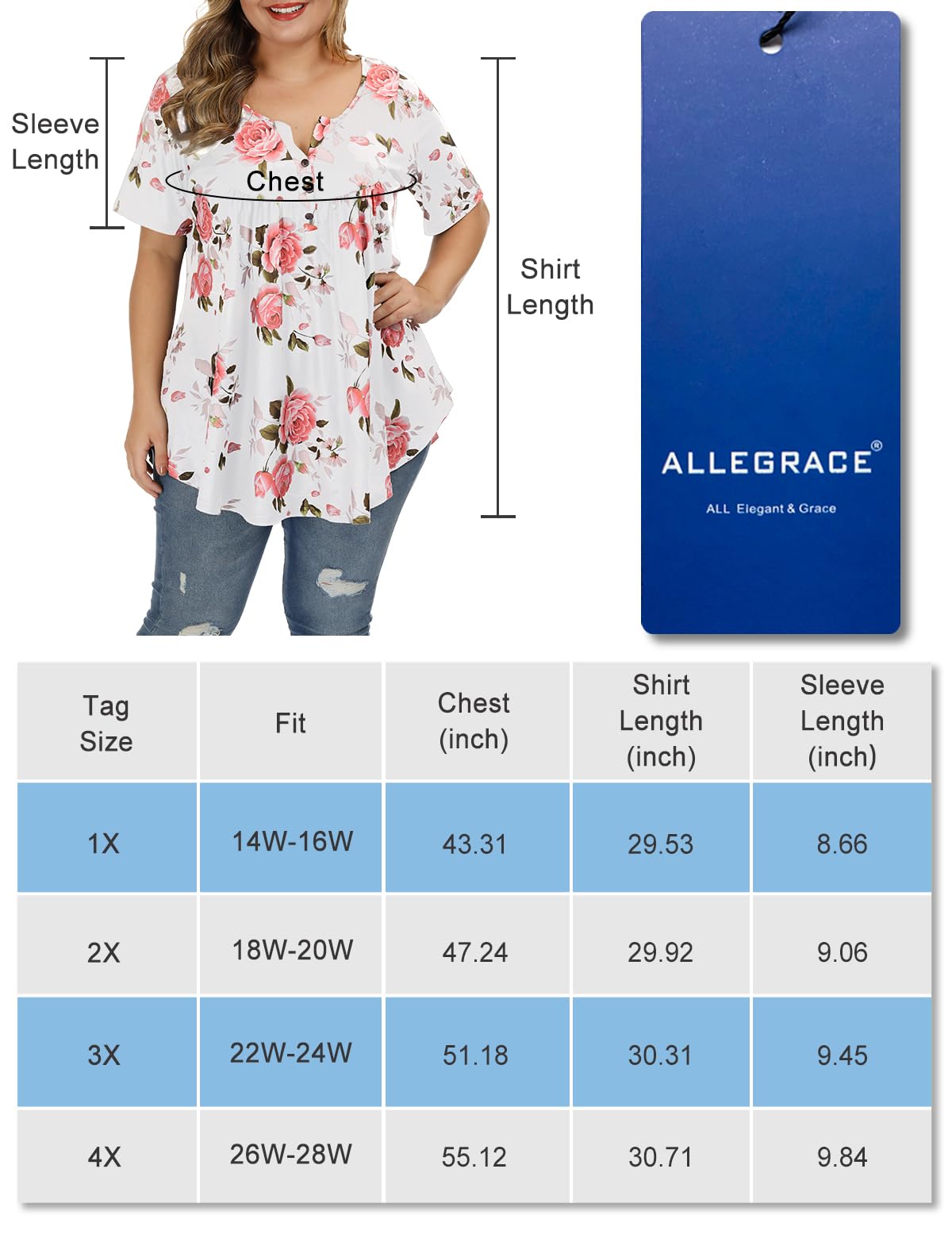 ALLEGRACE Women's Plus Size Floral Blouses Henley V Neck Button Up Tunic Tops Ruffle Flowy Short Sleeve T Shirts P53 White-Leaf Flower Dark Blue 2X
