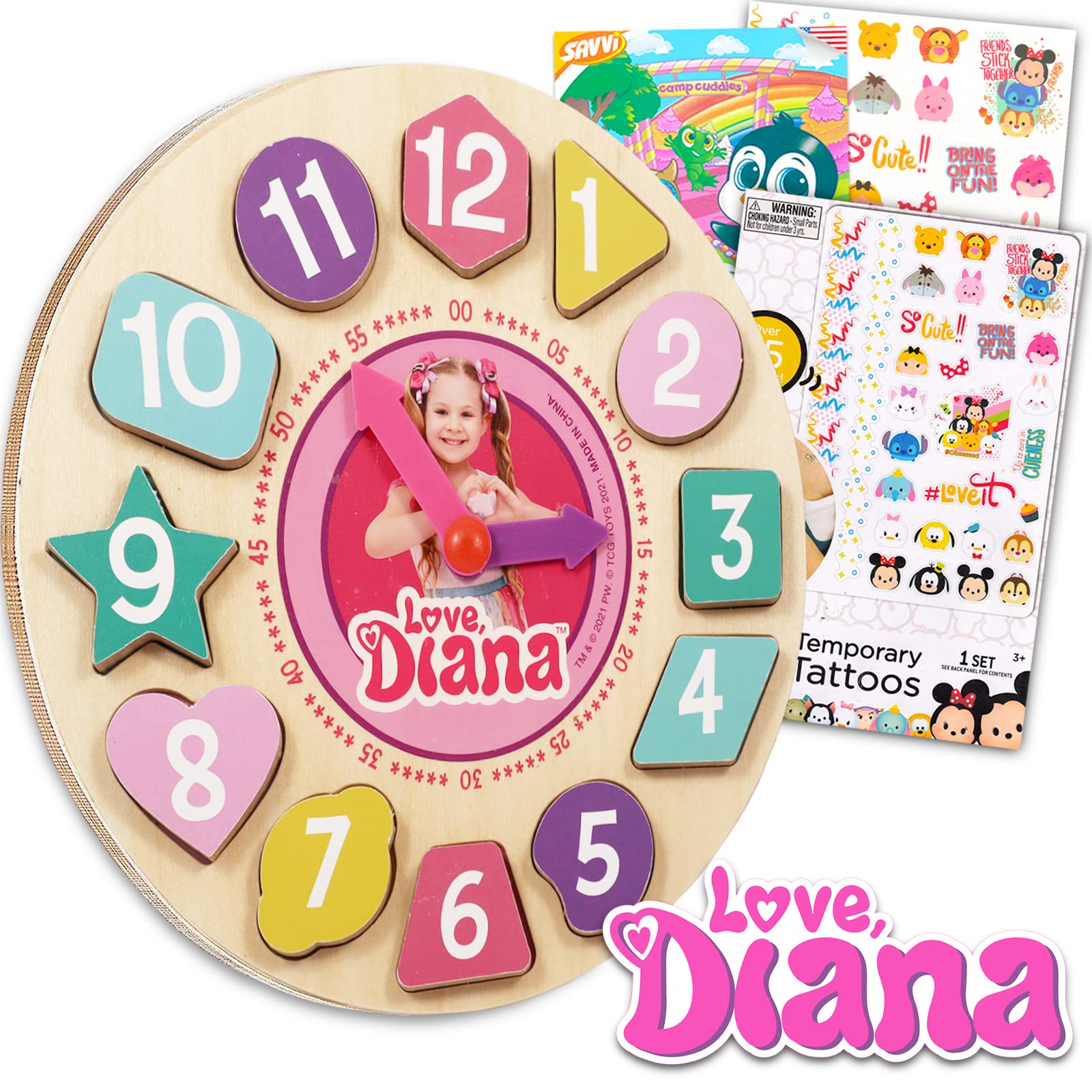 Love Diana Clock Puzzle Shape Sorting Game for Toddlers, Kids ~ 5 Pc Learning Toy Bundle with Love Diana Wooden Clock, Temporary Tattoos, and More (Love Diana Wood Toys)