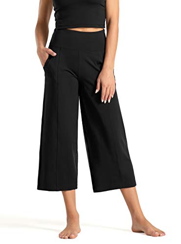 Tmustobe Womens Lounge Yoga Capris Pants Bootleg Tummy Control High Waist Workout Flare Crop Pants with Pockets (Black, Large)