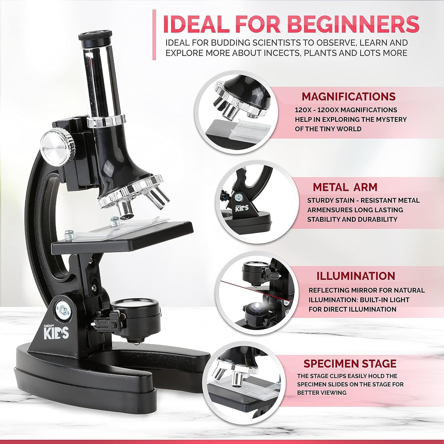 AmScope M30-ABS-KT1-WM 120X-240X-300X-480X-600X-1200X Educational Metal Arm Kids Compound Microscope Kit + Book