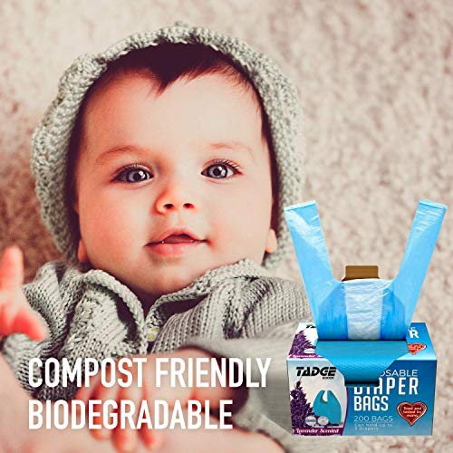 Tadge Goods Baby Disposable Diaper Bags Scented with Lavender - Odor Absorber Biodegradable Plastic Diaper Sacks for Trash Bag Essential Items - Bags for Dirty Diapers - Refill 200 Count (Blue)