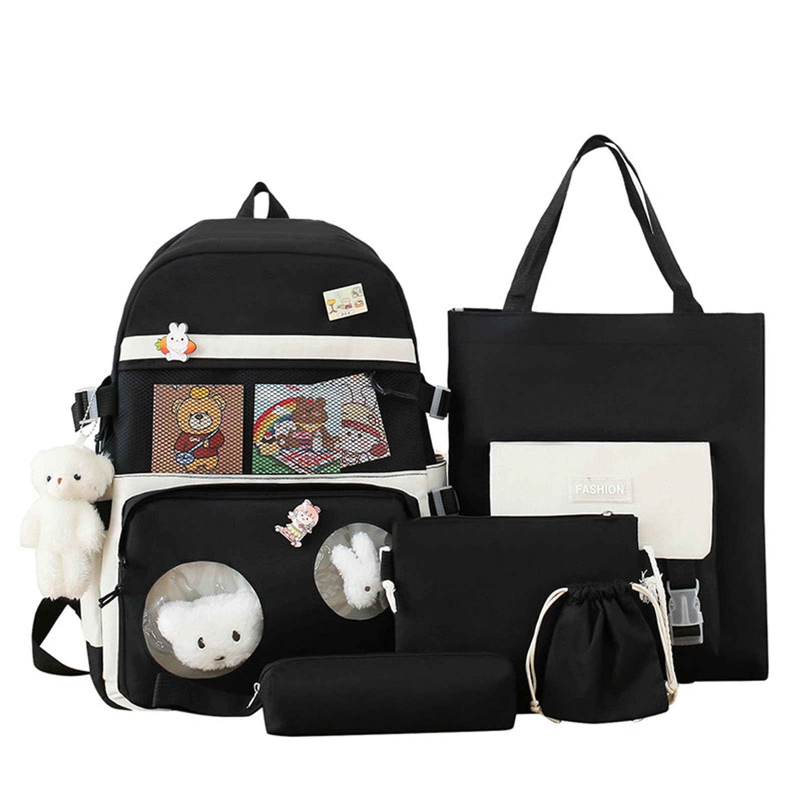 Aiyify 5Pcs Kawaii Backpack Cute Backpack for School Aesthetic Backpack Kawaii School Supplies Backpack Set with Accessories (Black)…
