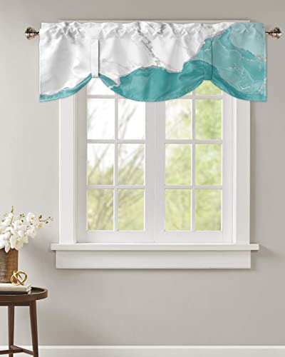 Funnywall88 Tie Up Curtain Valance for Living Room,Wild Marble Pattern Gold Teal White Ombre Valance for Kitchen Window Valance Adjustable Tie-up Valance 12 Inch Rod Pocket 1 Panel