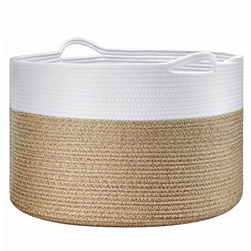maison sympa Extra Large Cotton Rope Basket Woven Baby Laundry Basket Blanket Basket Baby and pet Toy Basket with Handle Laundry Hamper - 21" x 21" x 13.8" (white & camel)