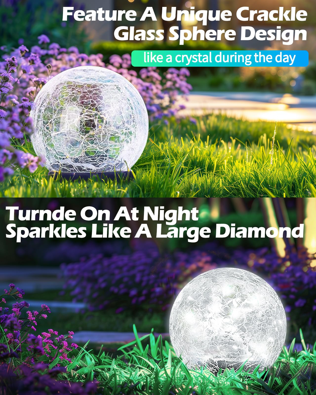 Garden Solar Ball Lights Outdoor Waterproof, 50 LED Cracked Glass Globe Solar Power Ground Lights for Path Yard Patio Lawn, Outdoor Decoration Landscape White (2 Pack 4.7'')