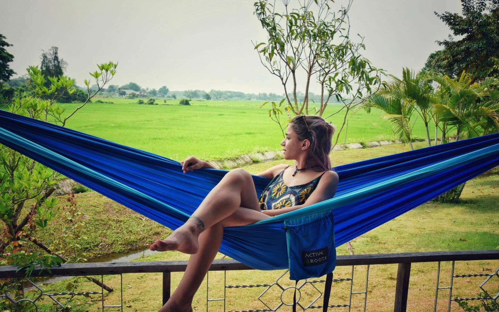 Active Roots Double Camping Hammock with Tree Straps - Portable Hammock, Parachute Nylon Lightweight Hammock for Backpacking, Travel, Indoor, Outdoor (Black/Watermelon)