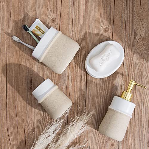 Bathroom Accessory Set 4 Piece & Small Trash Can Wastebasket, Rustic Farmhouse Bathroom Decor, Living Room Decor, and Accessories, Sand Glaze Non-Slip Design, Beige