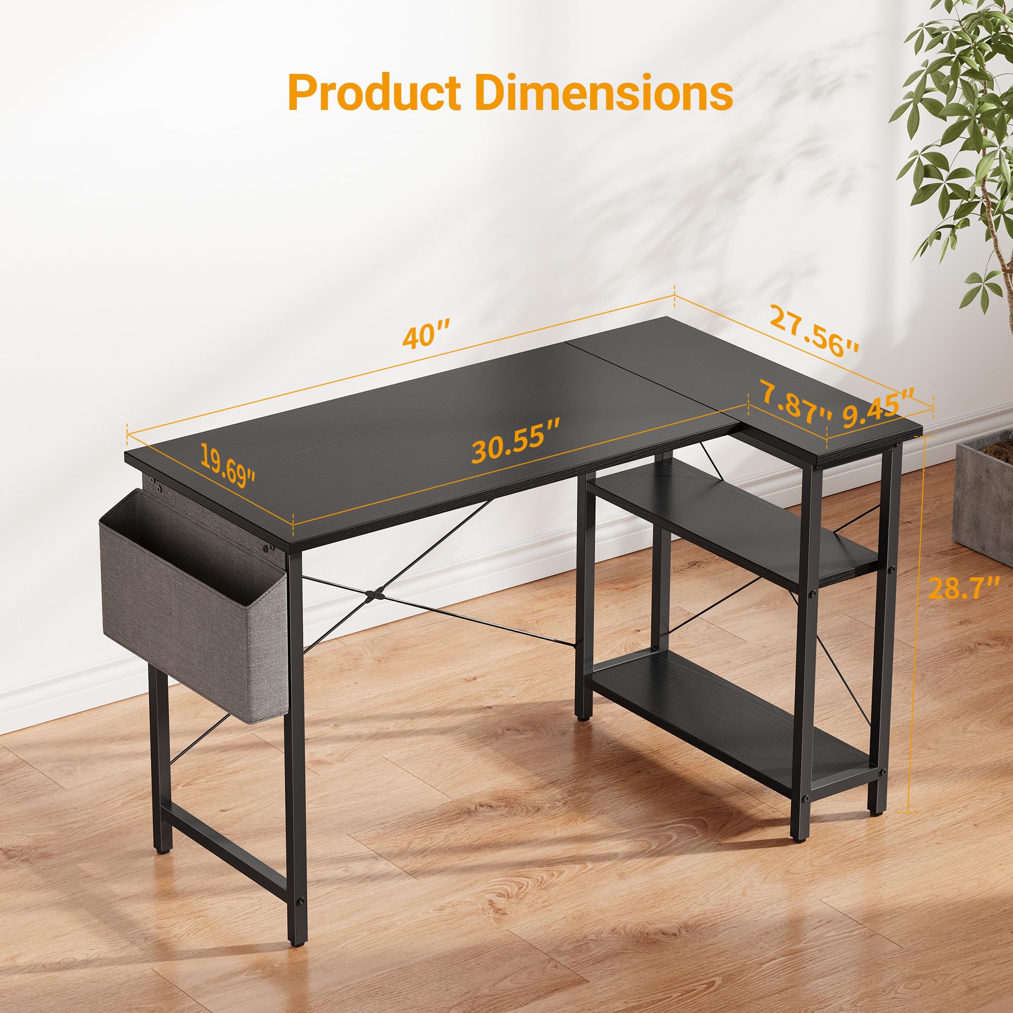 BANTI L Shaped Small Computer Desk with Storage Shelves, 40" Home Office Small Corner Desk Study Writing Table, Black