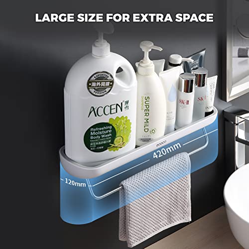 Bathroom Organizer - Wall Mounted Shower Caddy Shelf - With Towel Rail - Extra Strong Self Adhesive - No Drilling - Easy Drainage - Rustproof. (White/Gray)