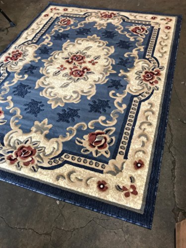 Traditional Aubusson Persian Area Rug Light Blue with Red Design 507 (5 Feet 3 Inch X 7 Feet 2 Inch)