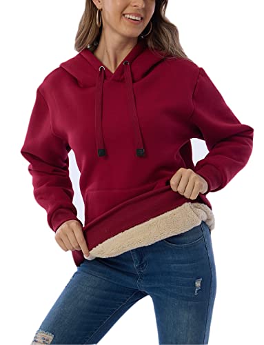 Haellun Womens Casual Winter Warm Fleece Sherpa Lined Pullover Hooded Sweatshirt (Red, Medium)